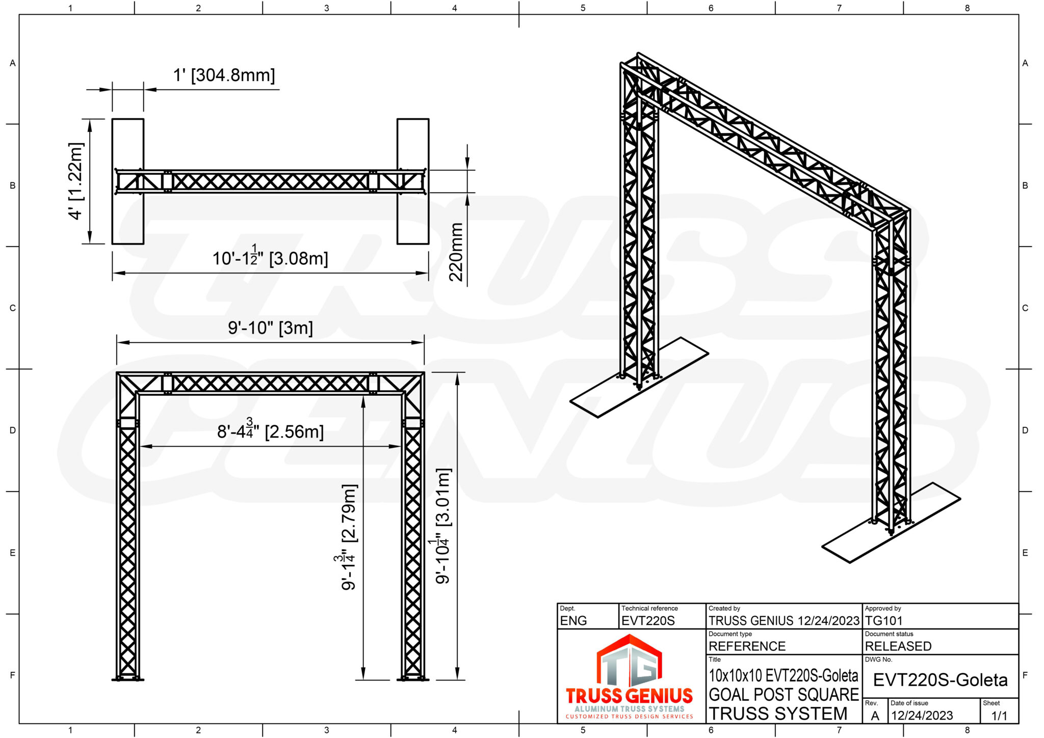 10-Foot Truss Goal Post Kit made with EVT220S Square Aluminum Trussing